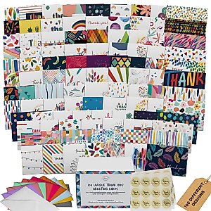 Dessie 100 Unique Thank You Cards Bulk - Blank Note Cards with 100 Different, Colorful Designs, No repetition. Colorful Envelopes, Gold Seals and Sturdy Storage Box.