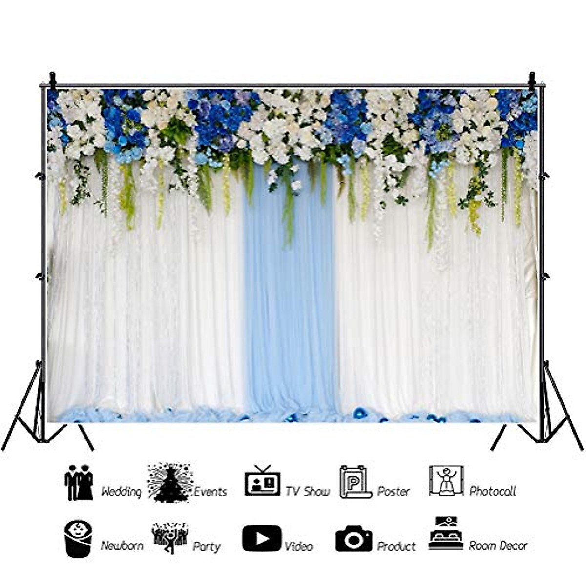 Baocicco Polyester 5x3ft Blue White Flowers Leaves Hangings Backdrop Floral Decor Photography Background Blue White Curtain Wedding Ceremony Valentine's Day Wallpaper Decor Photo Props