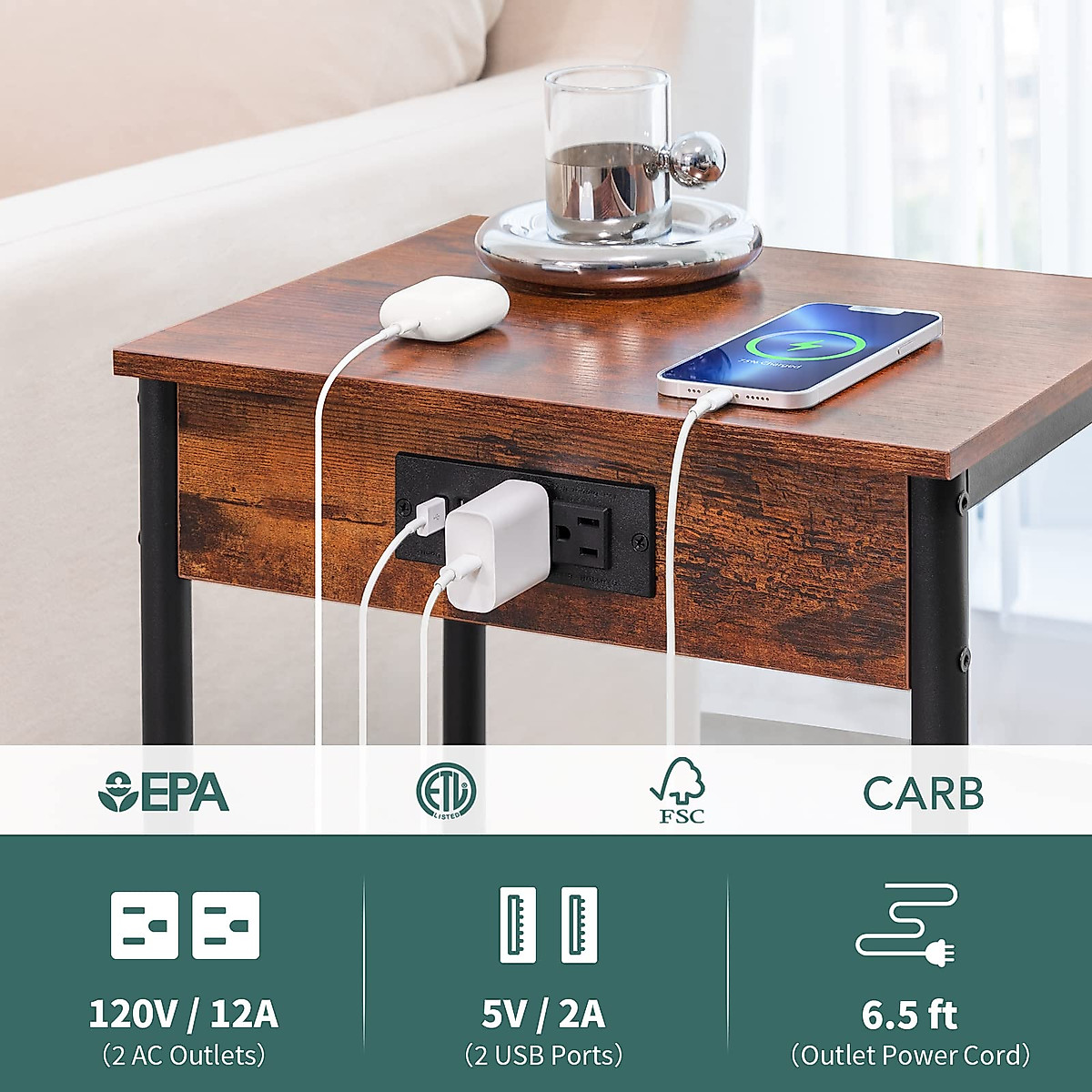 Yoobure Side Table with Charging Station, End Tables Living Room, Industrial 2 Tier Nightstand with USB Ports, Rustic Narrow Small Table with Storage Shelf for Bedroom, Office, Small Spaces