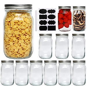 Accguan 33oz Glass Jars with Regular Lids, Mason Jar With Airtight Lids, Clear Glass Jar Ideal for Jam,Honey,Shower Favors,Wedding Favors, 12pack