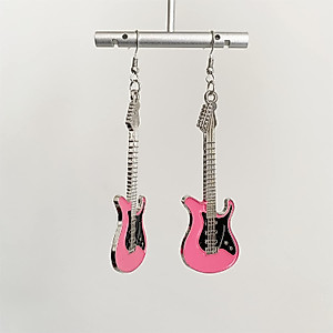 JIUIQL Fashion Cute Metal Black White Music Bass Electric Guitar Dangle Drop Earrings for Women Music Lovers teacher singer Hypoallergenic Personalized Jewelry Gifts (Pink)