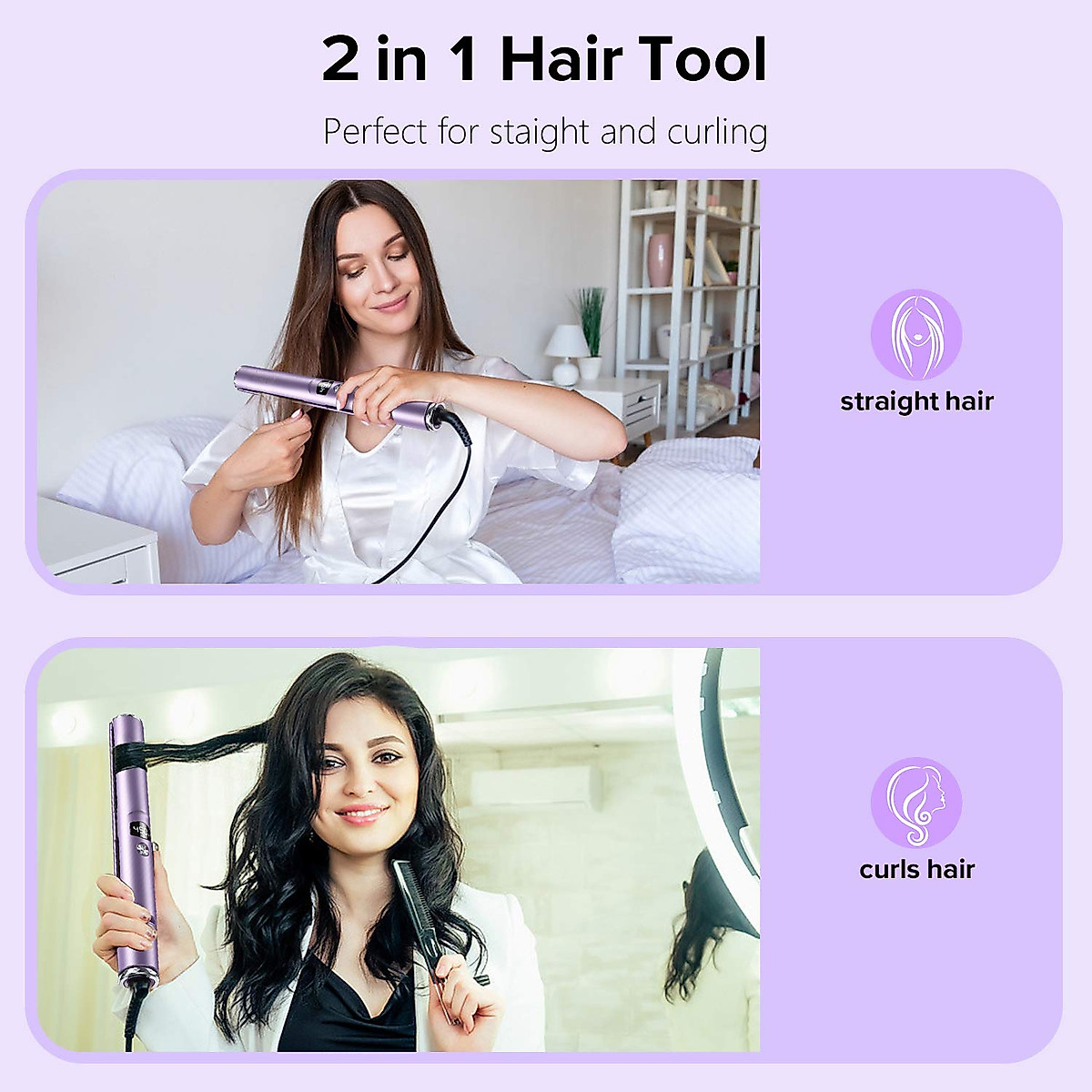 VillaCool Hair Straightener, Flat Iron Hair Straightener, Professional Hair Straightener and Curler 2 in 1, Flat Iron Curling Iron in One, Curling Straightening Iron Combo, Round Flat IronSalon