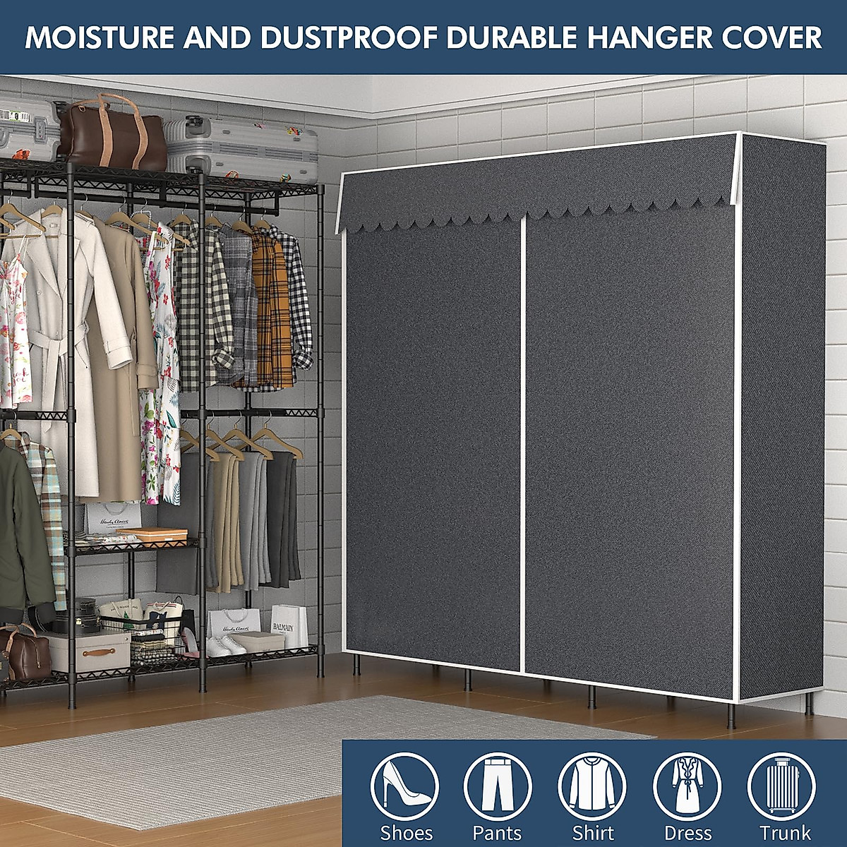 68 inch Heavy Duty Portable Closet Wardrobe Closet with Cover Large Storage Clothes Rack for Hanging Clothes Metal Armoire Wardrobe Closet Shelves Freestanding Clothing Racks for Bedroom Gray 660 LBS