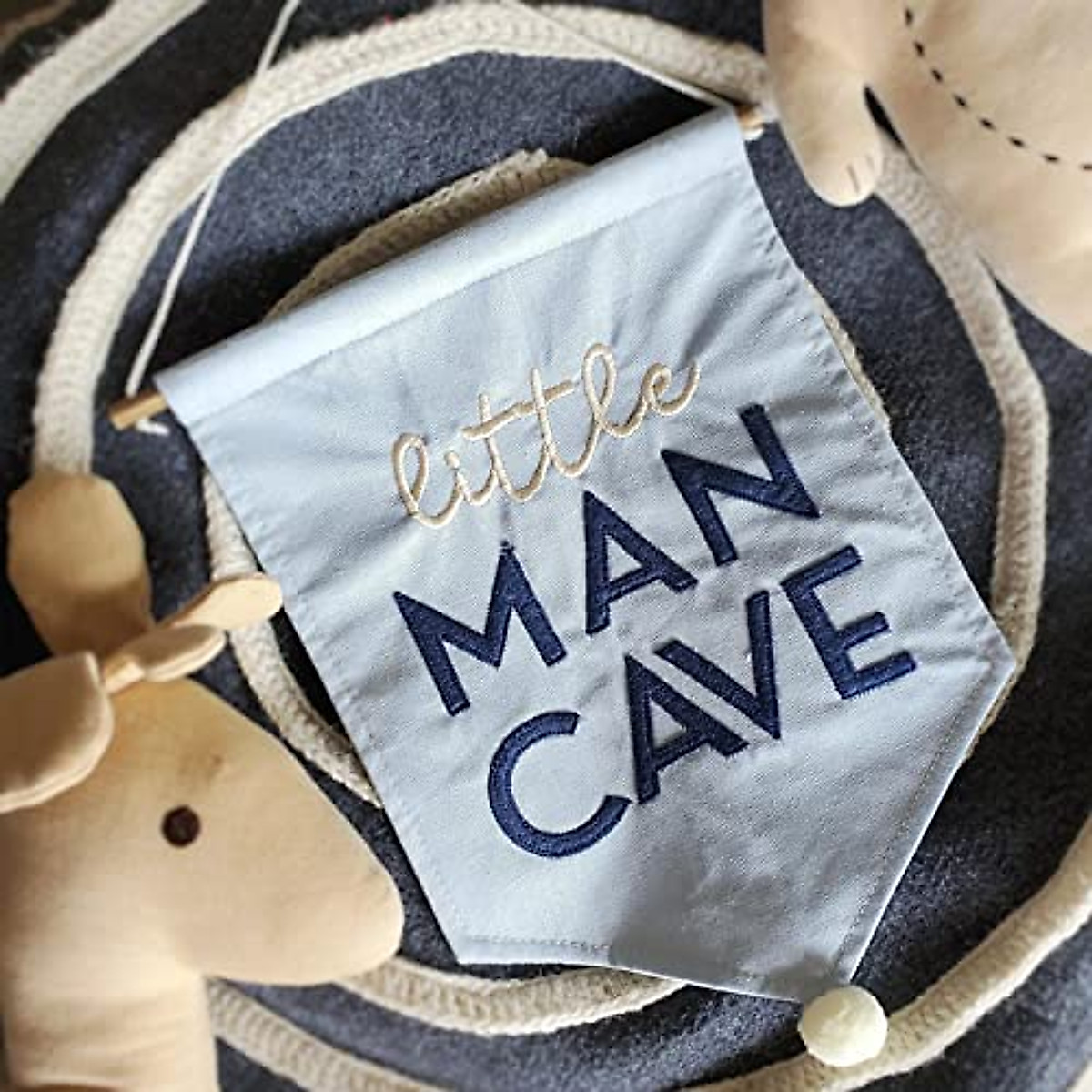 Bon et Beau LITTLE MAN CAVE Embroidered Canvas Banner – Wall Decor for Boys Playroom, Bedroom and Baby Nursery