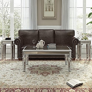 3-Piece Coffee table and End Tables Set,Glass Mirrored Coffee Table with Adjustable Height Legs and Crystal Design,Fashionable Cocktail Table,Easy Assembly Rectangular Glass Coffee Table,Silver