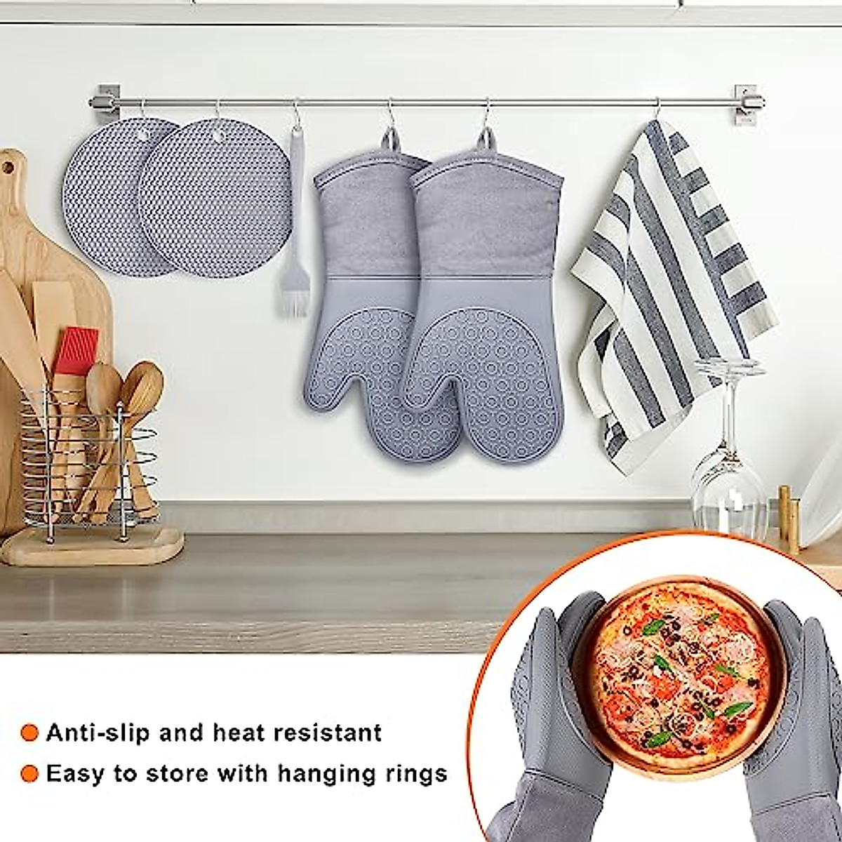 Oven Mitts and Pot Holders Sets, Silicone Oven Mitts Heat Resistant 550℉ Kitchen Oven Mits/Glove Set, Extra Long Kitchen Mittens and Hot Pads Pot Holder with Basting Brush for Baking Cooking Grilling