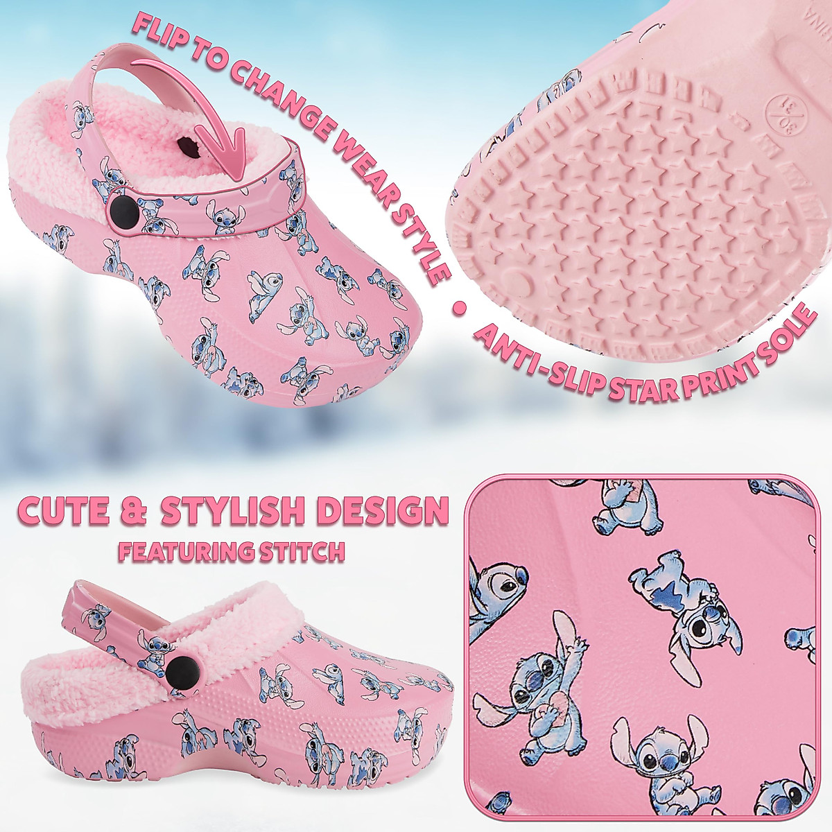 Disney Stitch Girls Clogs - Fleece Lined Clogs - Stitch Gifts (Pink Stitch, 4/5 US)