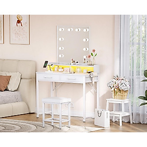 AODK Vanity Desk with Vanity Chair, Makeup Vanity with LED Lights, White Small Vanity Desk Without Mirror, 32 Inch Makeup Table for Small Space with 2 Fabric Drawers, Desk Make Up Vanity for Girls