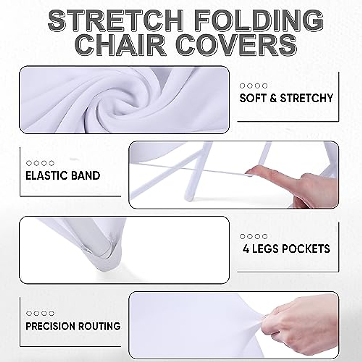 Lounsweer 50 Pcs Stretch Spandex Folding Chair Cover and Satin Chair Sashes Bows Chair Slipcovers Chair Ribbon Bows Washable Chair Cover Protector for Wedding Banquet Party (White, Black)