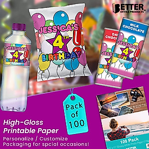 Thin Glossy Photo Paper, 100 Sheets, 8.5 x 11", 30 lb, 115gsm, Inkjet Photo Paper, by Better Office Products, for Brochure Printing, Custom Chip Bag Party Favors, Letter Size, 100-Count Pack