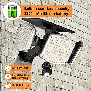 Solar Lights Outdoor 216LED Solar Flood Powered Security Lights with Motion Sensor,3 Head Adjustable 360° IP65+ Waterproof Spotlights Lights For Wall Deck Shed Yard Patio Garden Lighting 1200LM