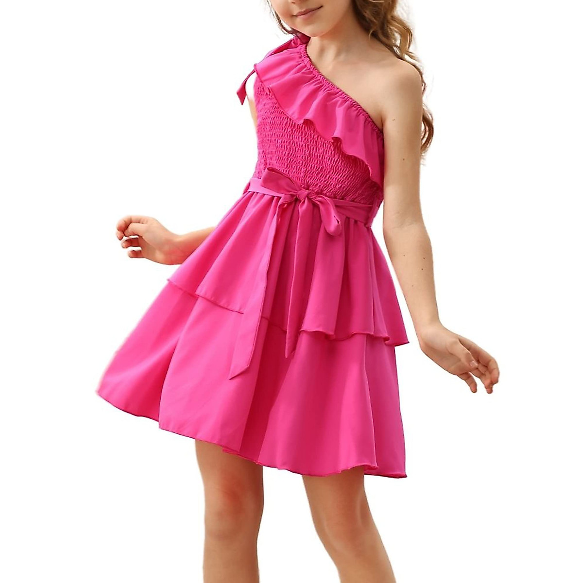 Danna Belle Pink Dress for Girls Summer Party One Shoulder Sleeveless Ruffle Dresses Size 7