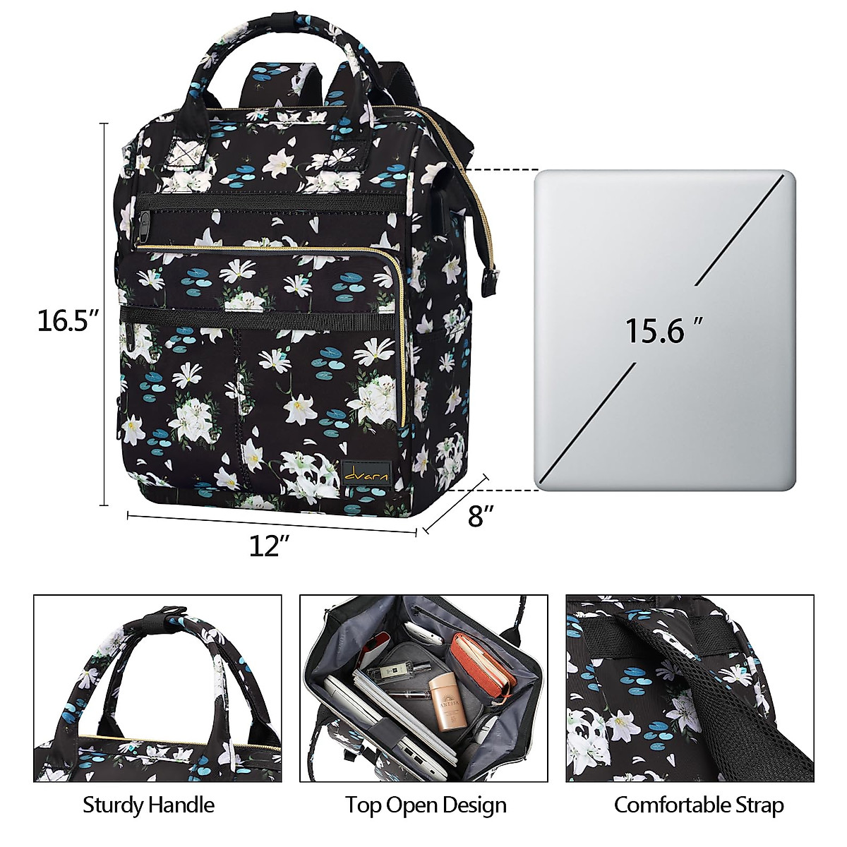 dvarn Laptop Backpack for Women and Men 16.5" Waterproof College Bag With USB Port, RFID Pocket, Waterproof, Travel Work Backpack, Anti-theft College Backpack (Floral Black)