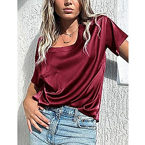 Inadays Womens Silk Pajamas Set Satin Silky Lounge Set Short Sleeve Shirt with Long Pajama Pant Pajamas For Women Set Red Wine