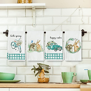 AnyDesign Easter Kitchen Towel Watercolor Easter Bunny Rabbit Truck Bicycle Dish Towel Blue White Plaids Spring Hand Drying Tea Towel for Cooking Baking Cleaning Wipes, Set of 4, 18 x 28 Inch