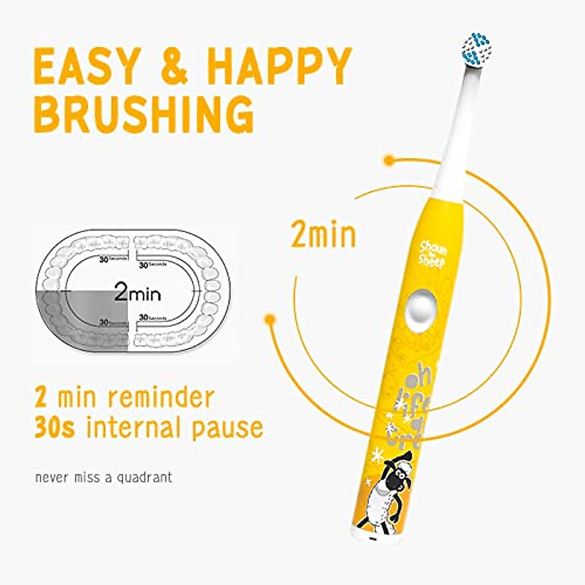 SAIPOTOYS Kids Electric Toothbrush with Timer,Shaun The Sheep Kids Electric Toothbrush w/Sensitive Brush Head,Built in 2-min Auto-Timer,IPX7 Waterproof, Automatic Toothbrush for Kids 3+ (Yellow)