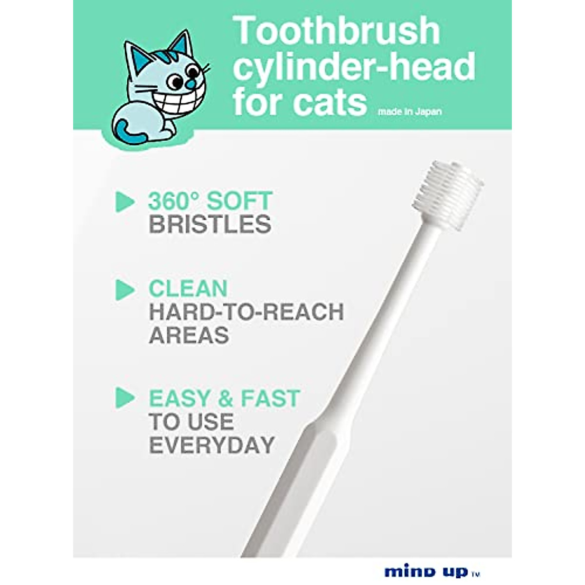 MIND UP Cat Toothbrush Cylinder Head | 360-Degree Toothbrush for Lovely cat | Length 6 in Bristle Diameter 0.49 in