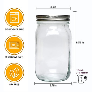Accguan 33oz Glass Jars with Regular Lids, Mason Jar With Airtight Lids, Clear Glass Jar Ideal for Jam,Honey,Shower Favors,Wedding Favors, 12pack