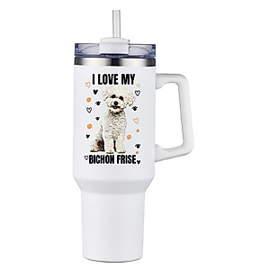Dog Mom 40 oz Insulated Tumbler with Handle and Straw - Dog Lover Gifts for Women, Bichon Frise Gifts