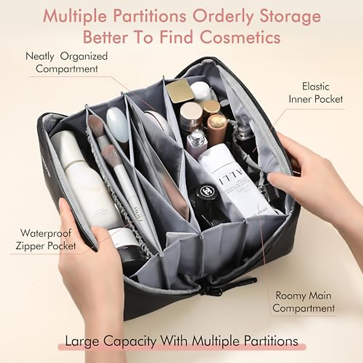 kookoomia Travel Makeup Bag, Cosmetic Bags for Women, Large Capacity Make Up Organizer Waterproof Toiletry Bag Portable Pouch Lay Flat Divider Handle