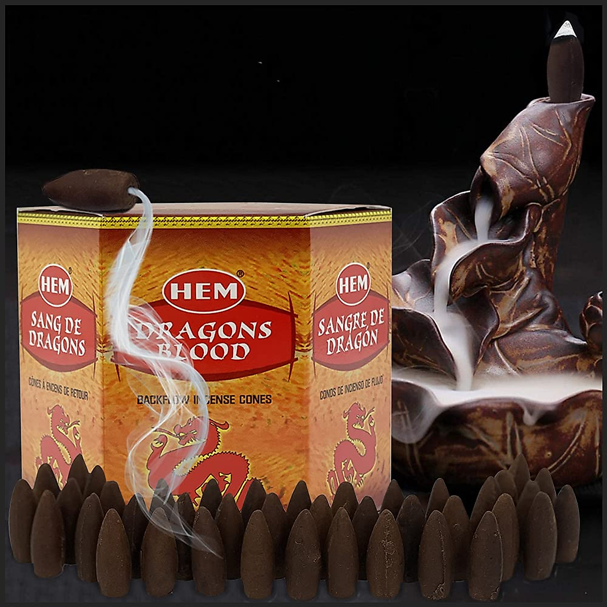 Dragons Blood Hem Backflow Incense Cones for Waterfall Aromatic Smoke Fountain Haze Falls Burner Holder and Mat Bundle - 40 Large Back Flow Incense Cones Scented