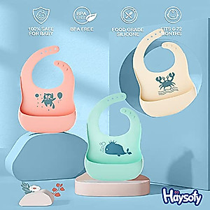 Haysofy Silicone Bibs, 3 Pack Silicone Baby Bib for Babies & toddlers, Soft Adjustable Fit Waterproof Bibs