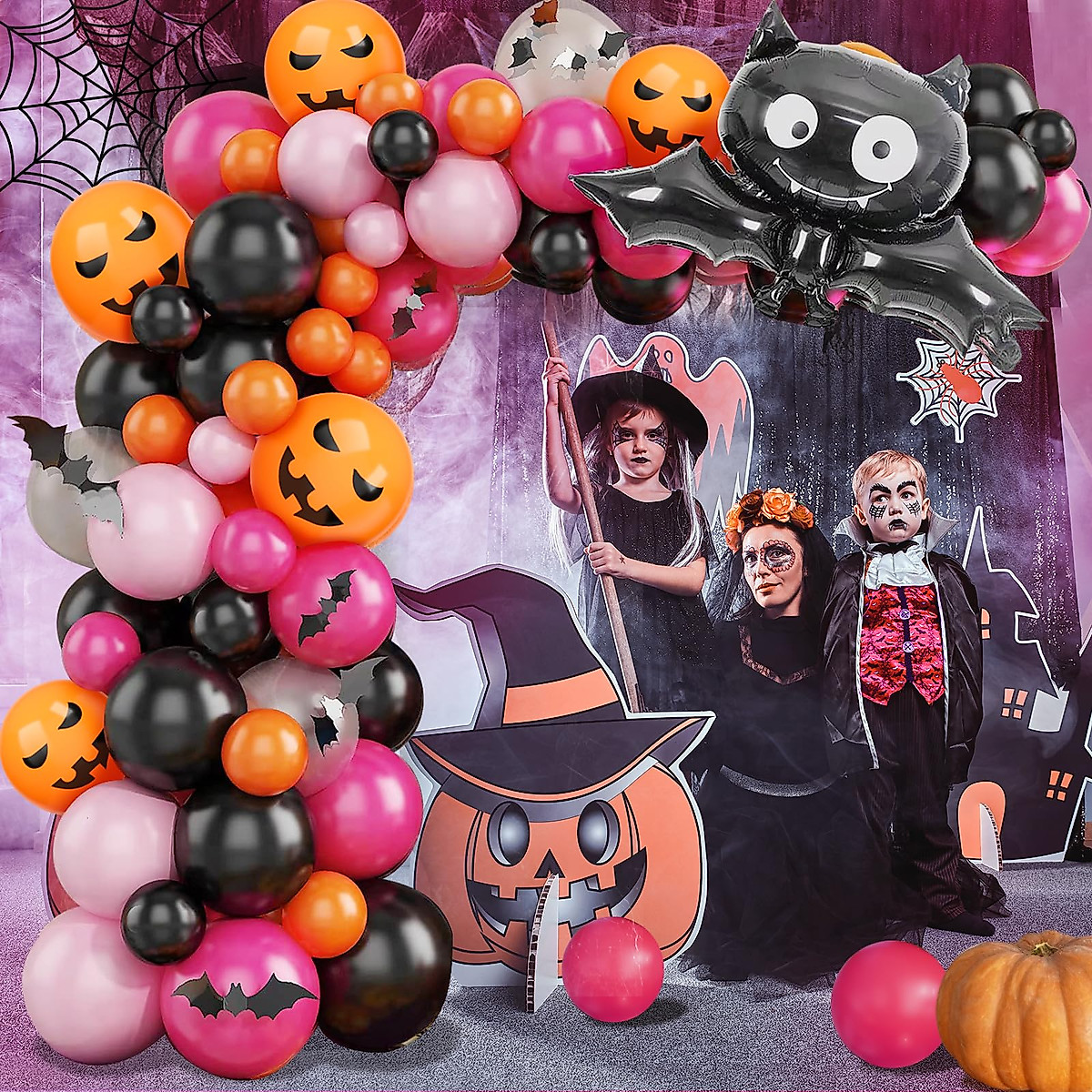 AobkDeco 111Pcs Halloween Balloon Garland Arch Kit with Black Orange Latex Balloons hot pink Balloons Spider Web Cute bats for Halloween Party Decoration Halloween Kids' Birthday Party Supplies