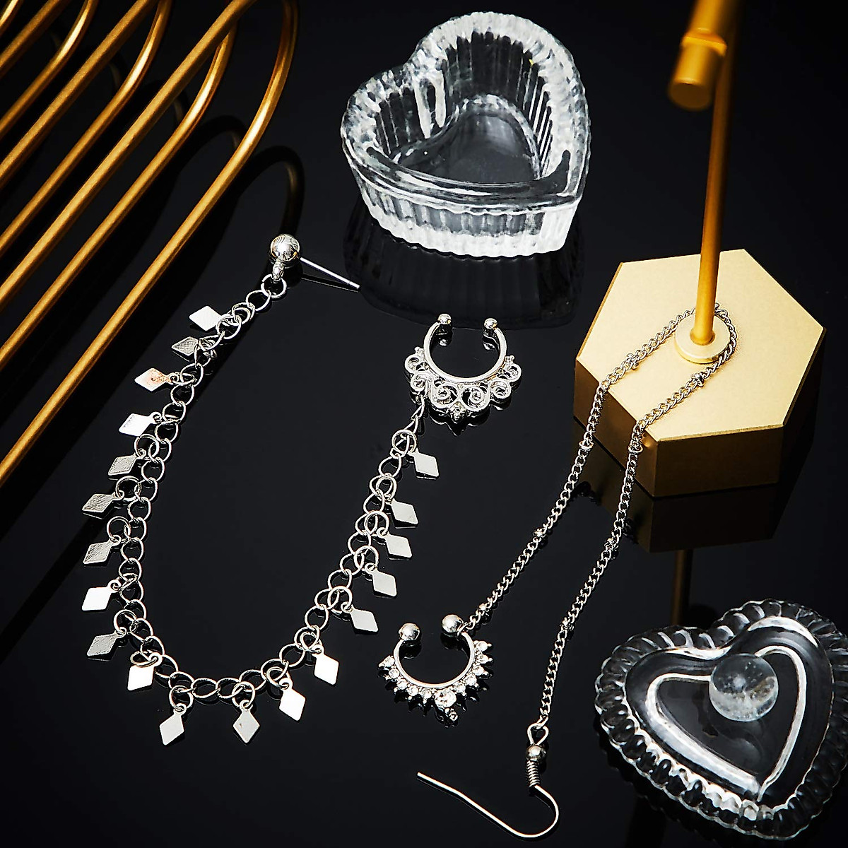 4 Pieces Nose Rings Chain Hoop Chain Fake Nose Ring Chain Non Piercing Nose Rings with Chain Nose to Ear Chain Jewelry Nose Ring Body Jewelry, Gold and Silver