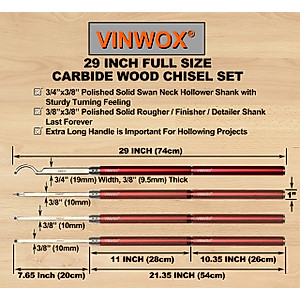 VINWOX 8 PCS Carbide Wood Lathe Turning Tool Set, Carbide Lathe Turning Tool, Including Swan Neck Hollower, Rougher, Finisher, Detailer, Pen Turning tools, Aluminum Alloy Handles from 14" to 29"