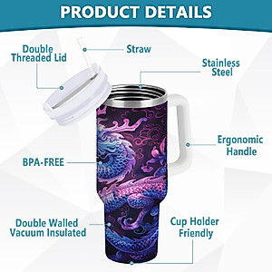 Nesatuwa 40 oz Blue Purple Dragon Tumbler with Handle and Straw Lid,Reusable Stainless Steel Vacuum Insulated Tumbler Leakproof Travel Coffee Mug for Iced and Hot Beverages