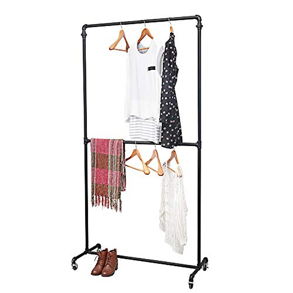 Industrial Pipe Clothing Racks on Wheels Double Hanging Rod Metal Clothing Rack,Heavy Duty Commercial Display Garment Rack,Vintage Retail Rack Hanging Weight Rack, Metal Ballet Rolling Racks,Black