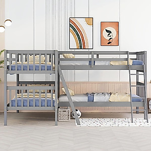 MERITLINE L-Shaped Quad Bunk Bed, Four Bunk Bed Twin Over Twin with Angle Ladder,Wooden Corner 4 Bed Bunk Bed for Kids, Teens, Adults, No Box Spring Needed (Twin, Grey)