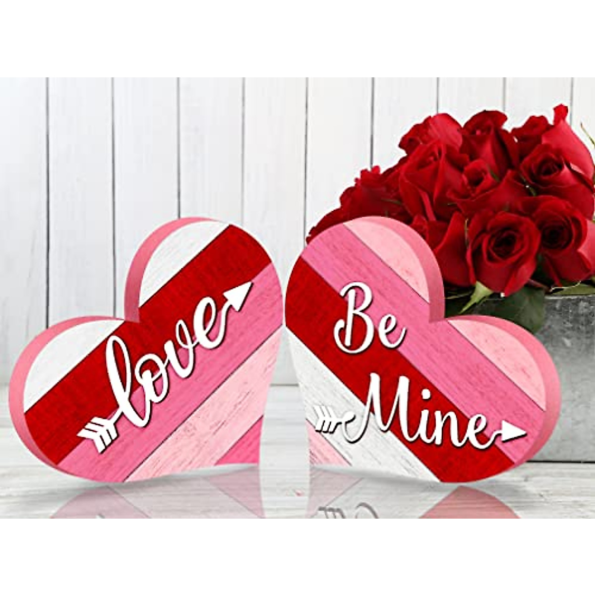 2 Pieces Valentine's Day Wooden Table Sign, Rustic Heart Shape Wood Love Sign Decor, Be Mine Romantic Home Centerpiece Freestanding Table Decoration for Home Wedding Anniversary Party Large Size