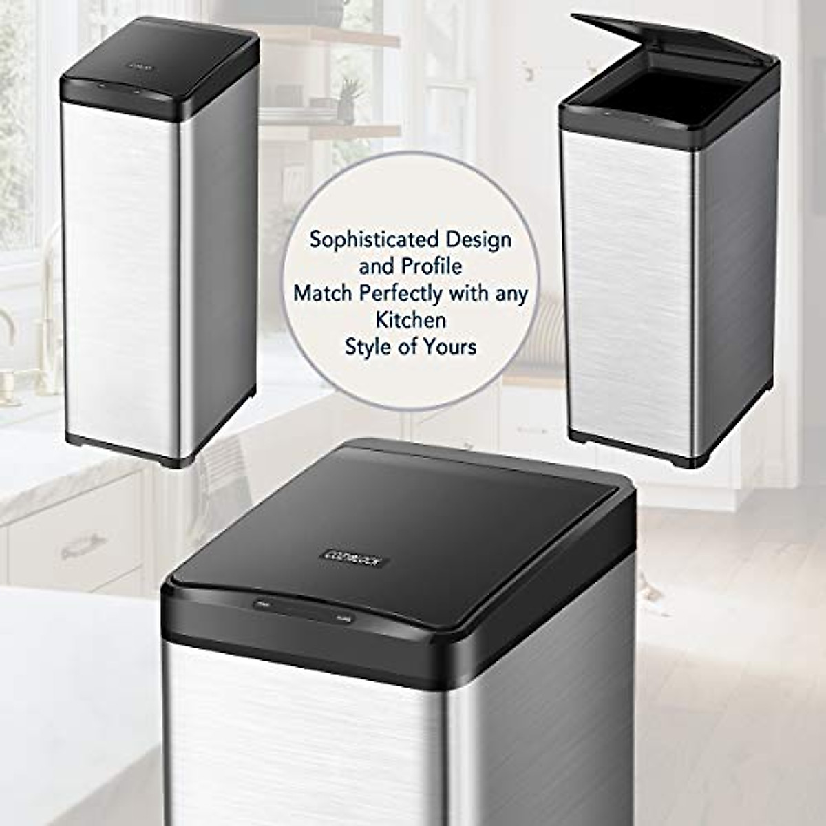 CozyBlock Automatic Trash Can for Kitchen, Stainless Steel Touchless Motion Sensor Bin, Wide Opening Soft Close Lid, LED Countdown Timer (13 Gallon- Slim Design)