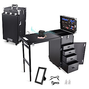 BYOOTIQUE Rolling Manicure Table Foldable Nail Table Makeup Train Case with Desk Cosmetic Trolley Travel Storage Organizer with 4 Drawers Mirror & Speaker for Technician Workstation Salon, Black