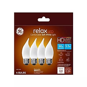 (Pack of 4 Bulbs) GE 48265 Relax LED Decorative Chandelier Light Bulb, 60 watt Equivalent, Bent tip, HD Light, Frosted, dimmable LED Light Bulb