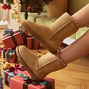 WaySoft Genuine Australia Mid Calf Sheepskin Fur Winter Boots for Women, Water Resistance Shearling Furry Boots Women