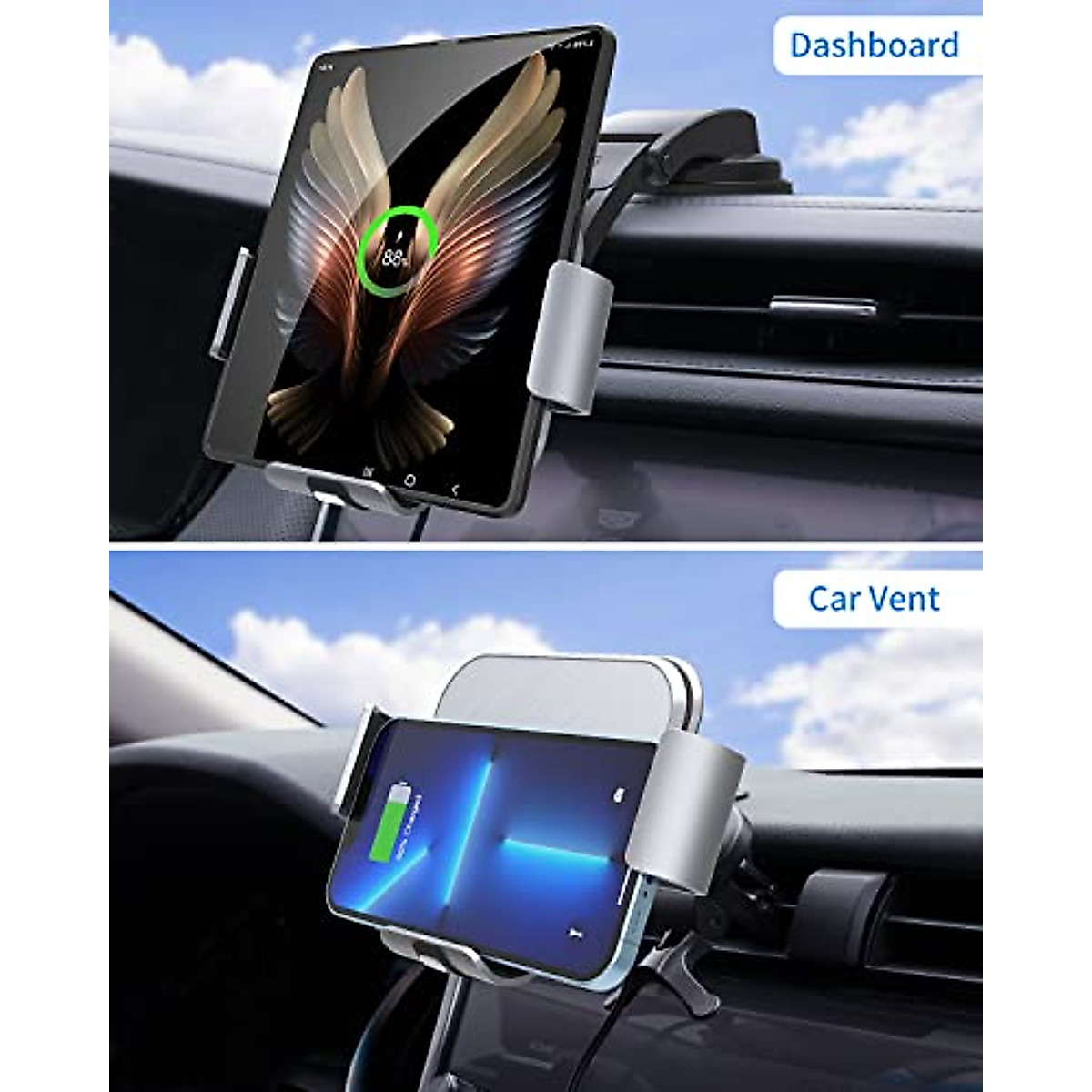 JOYVEVA Dual Coil Wireless Car Charger for Galaxy Z Fold 4/3, Fast Charging Phone Holder for Galaxy Z Fold 2, Landscape Mobile Phone Mount for Galaxy Z Fold (Steel Gray)