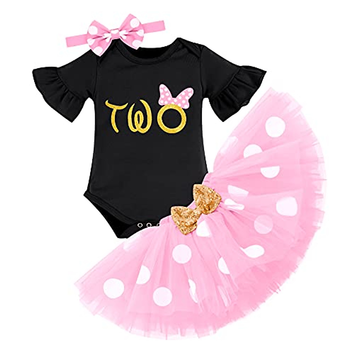 Cake Smash Wild Two Birthday Clothes for Baby Girls Polka Dots Romper Tulle Dress Ear Princess Pageant Outfits Sundress Playwea Pink+Black 2T