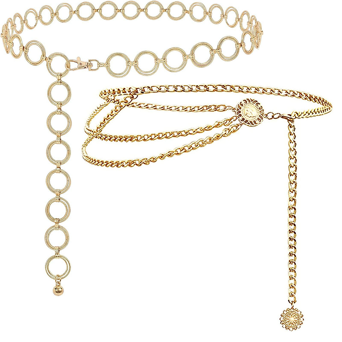 2pcs Gold Chain Belts for Women，Pirate Accessories Waist Dress Belt Set Long Tassel Body Chains for Dresses Jeans Jewelry (2 pcs, Alloy)