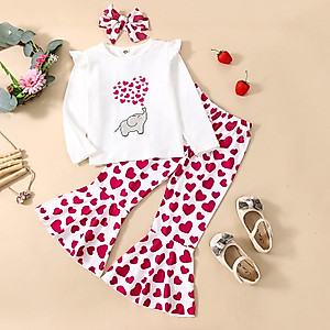 Rtnnsbbfcm Toddler Baby Girl Valentine's Day Outfit Long Sleeve Elephant Heart T-Shirt Top Bell Bottom Pants Headband 3Pcs Set (3-4T,White)
