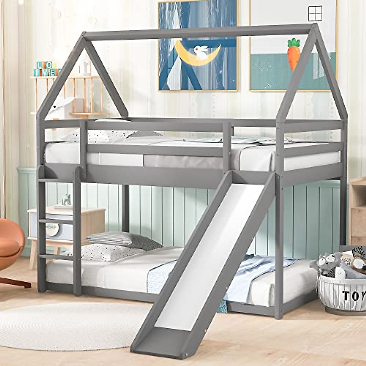 Twin Size Bunk House Bed with Convertible Slide and Ladder,Twin Over Twin Wooden Bed Frame with Guardrails for Kids Teens Girls Boys,Gray