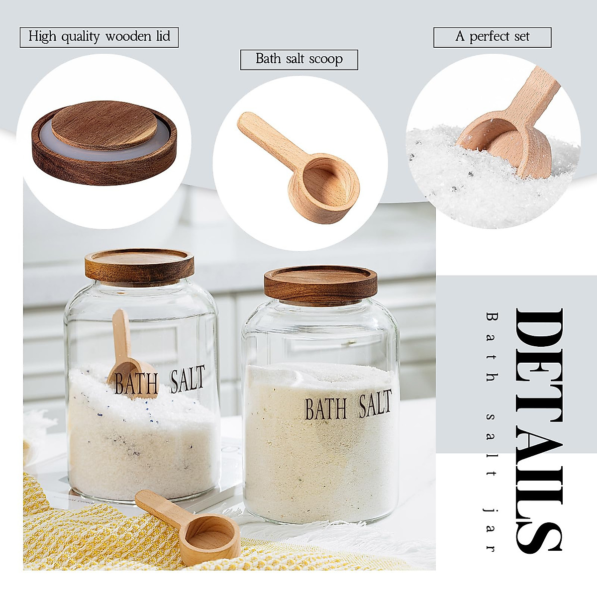 SiliFine 2 Sets 74 oz Large Bath Salt Container with Wooden Scoop for Bath Salt Glass Bath Salt Jar with Airtight Lid Storage Canister for Bath Salt, Food, Flour, Sugar, Cookie, Kitchen