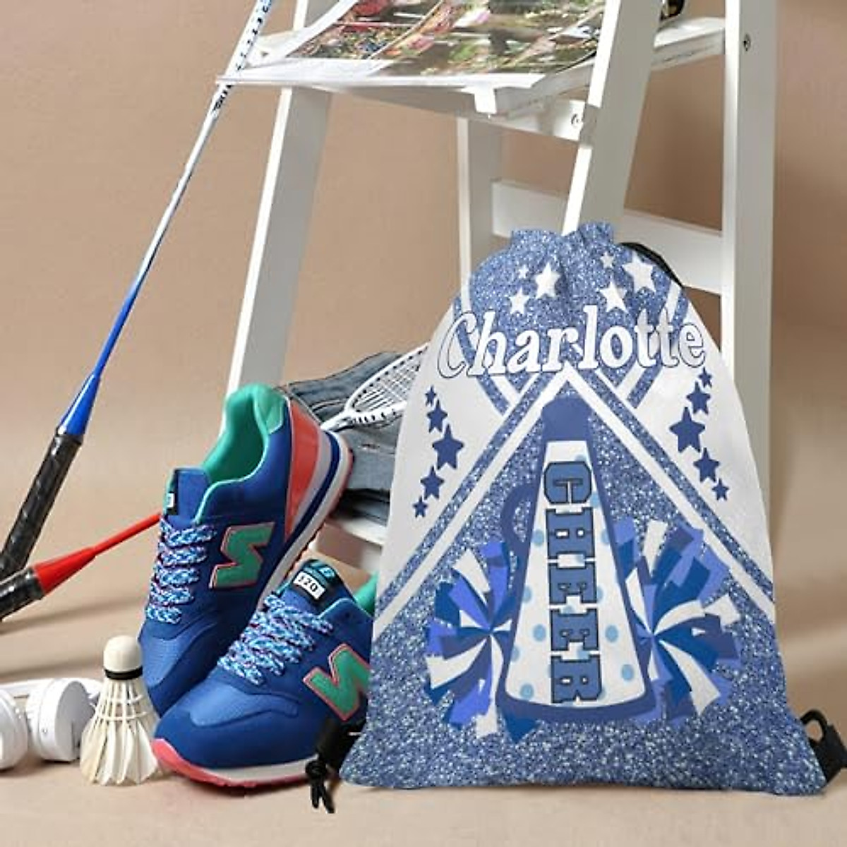 Cheerleaders Cheer Blue Print Drawstring Backpack Sackpack Gym String Bag Waterproof Competition Bag for Sports
