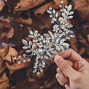 Evild Rhinestone Wedding Hair Comb Leaf Bead Headpieces Clip Crystal Bridal Headdress Flower Accessories for Brides and Bridesmaids (Silver)
