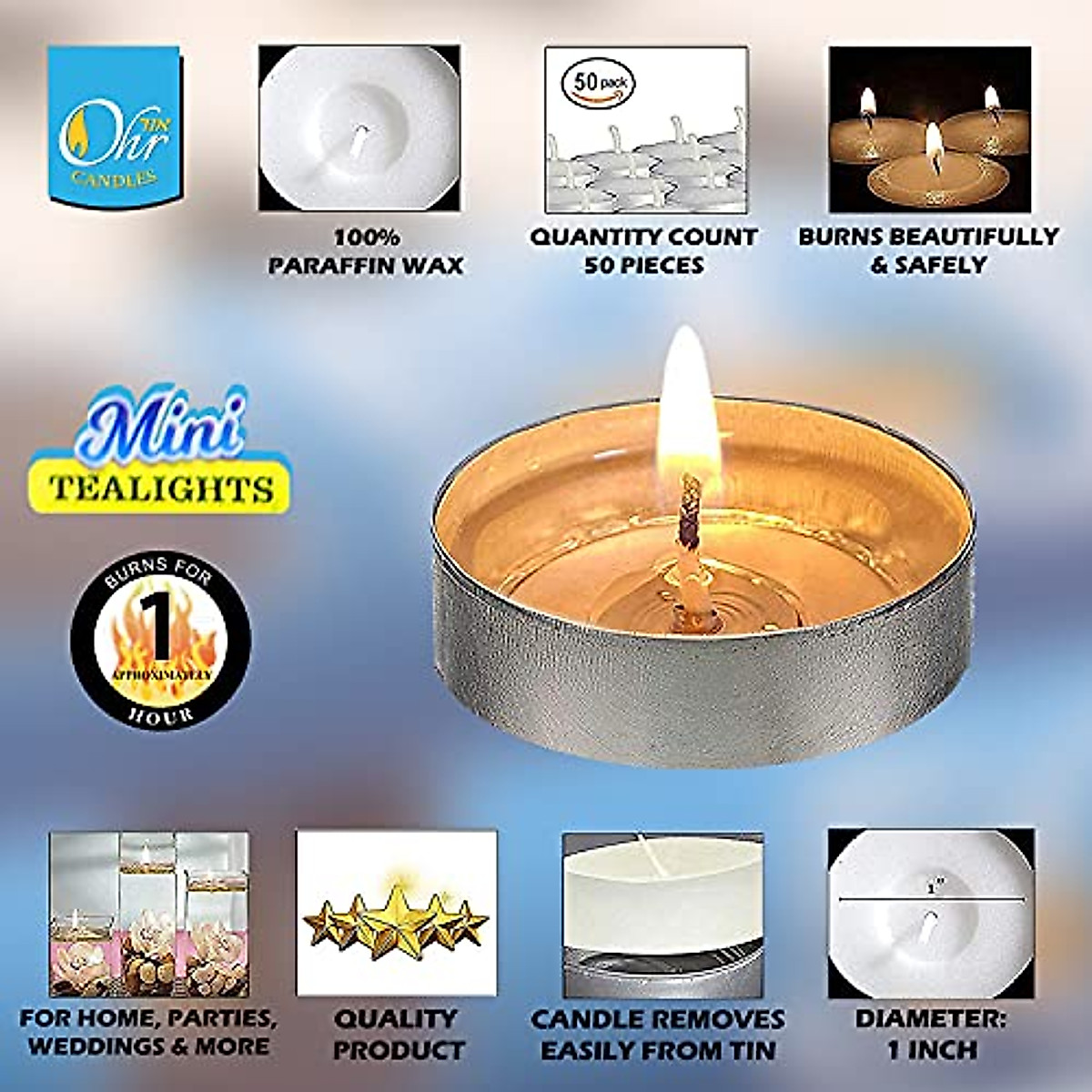 Ohr Mini Tealight Candles - 50 Pack Bulk Tea Lights Candles - White Tealights Unscented - 1 Hour Burn Time