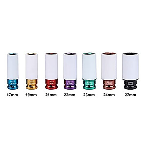 EMENTOL 7PCS 1/2" Drive Thin Wall Deep Wheel Protector Impact Socket Set, CR-MO, Lug Nut Impact Socket Set-17mm, 19mm, 21mm, 22mm, 23mm, 24mm, 27mm