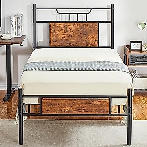 VECELO Twin Size Platform Bed Frame with Wood Headboard/Mattress Foundation/Premium Steel Slats Support/No Box Spring Needed,Brown(Crown)