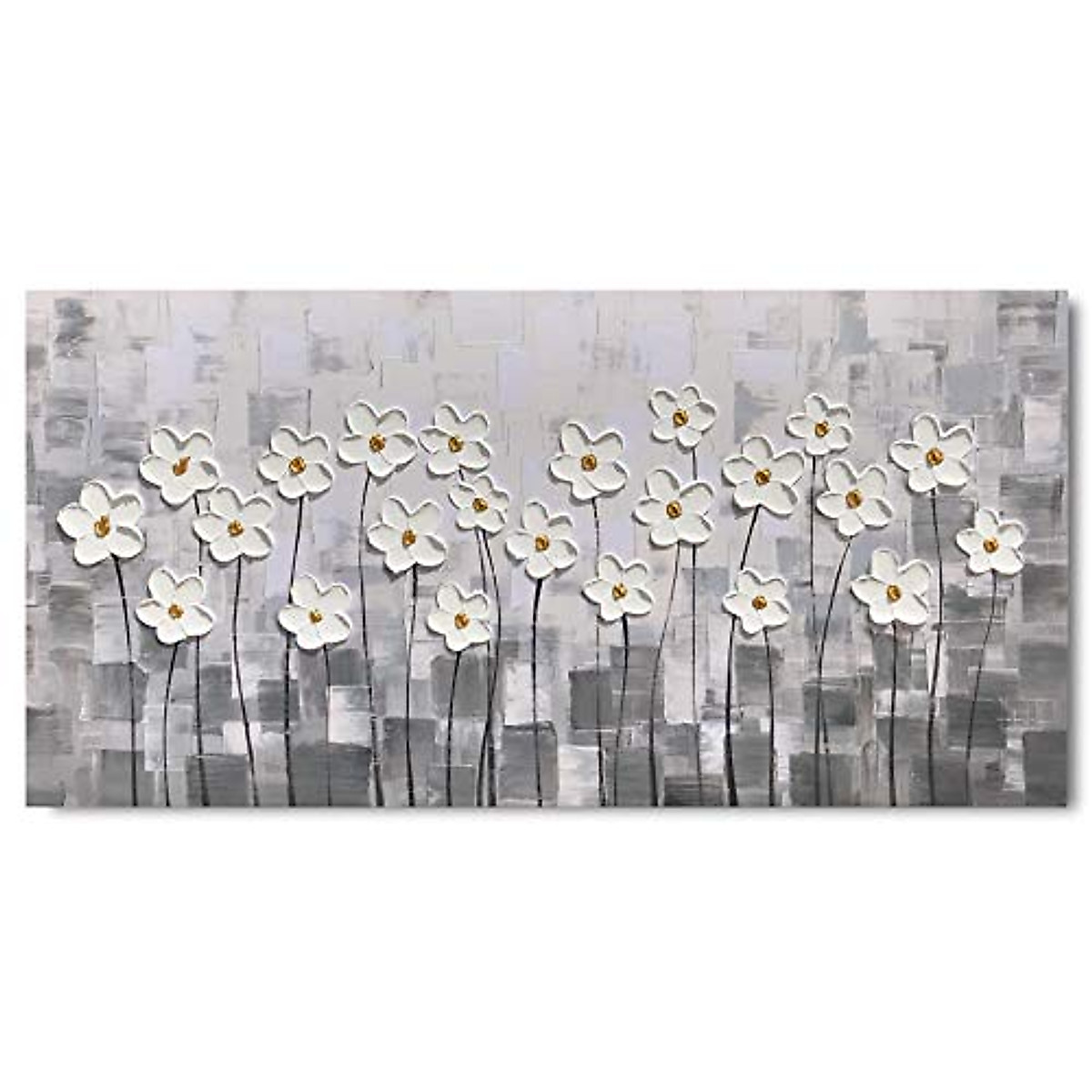 Yihui Arts Canvas Wall Art Grey and White Flowers Pictures Blossom Modern Floral Pallet Knife Painting Framed for Bedroom Kitchen Dinning Room Living Room Office Home Decor