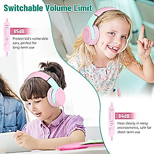 rockpapa Share 1 Kids Headphones Wired with Microphone & Share Port, 85dB/94dB Volume Limited, Cute Foldable Student Child Boys Girls Headphones for School/Classroom/Travel Pink/Green